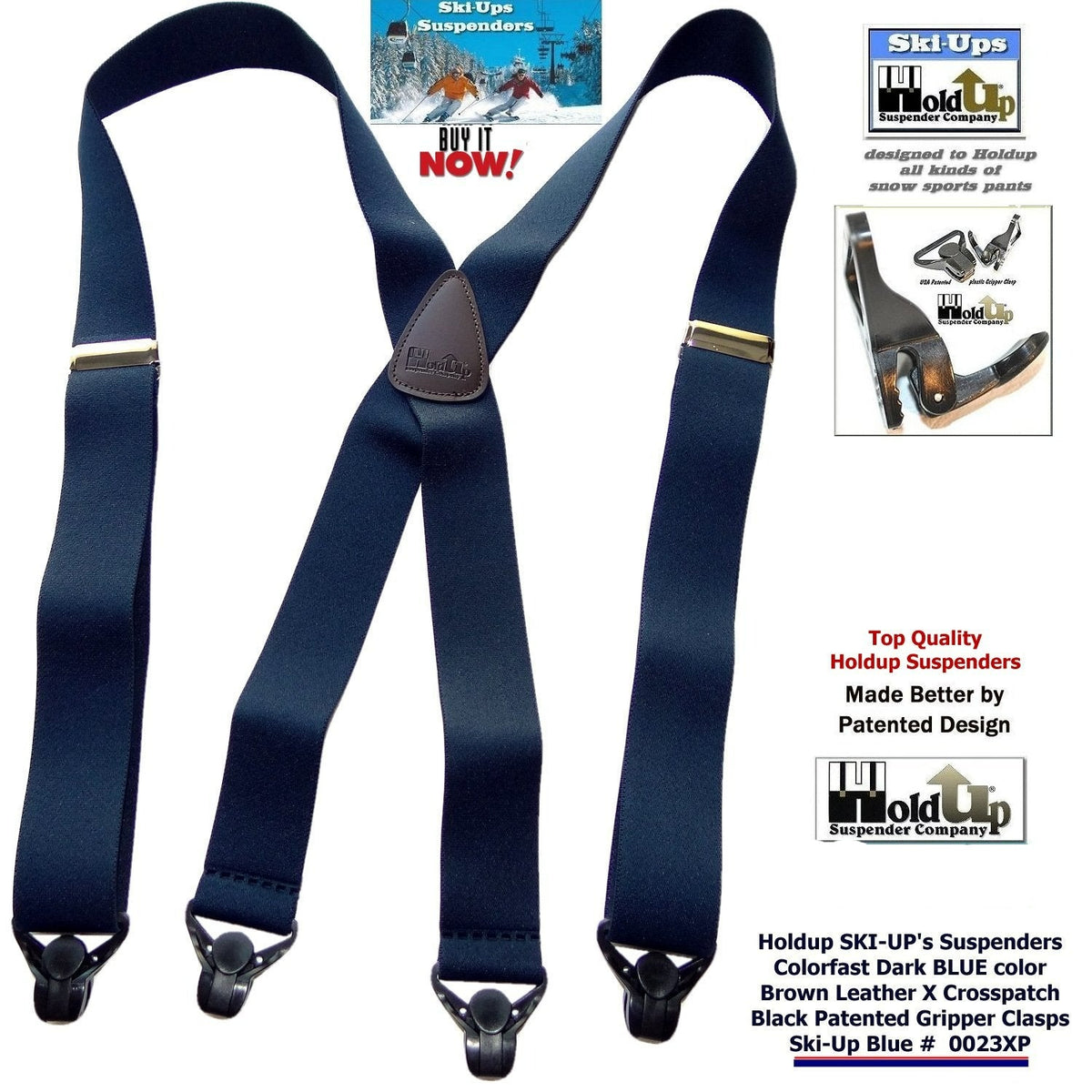 Dark Blue Holdup Brand Snow Ski X-back Black Gripper Clasp Suspenders ...